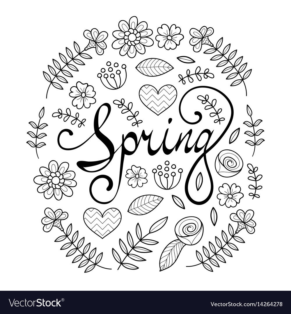 Spring lettering in floral pattern round frame Vector Image