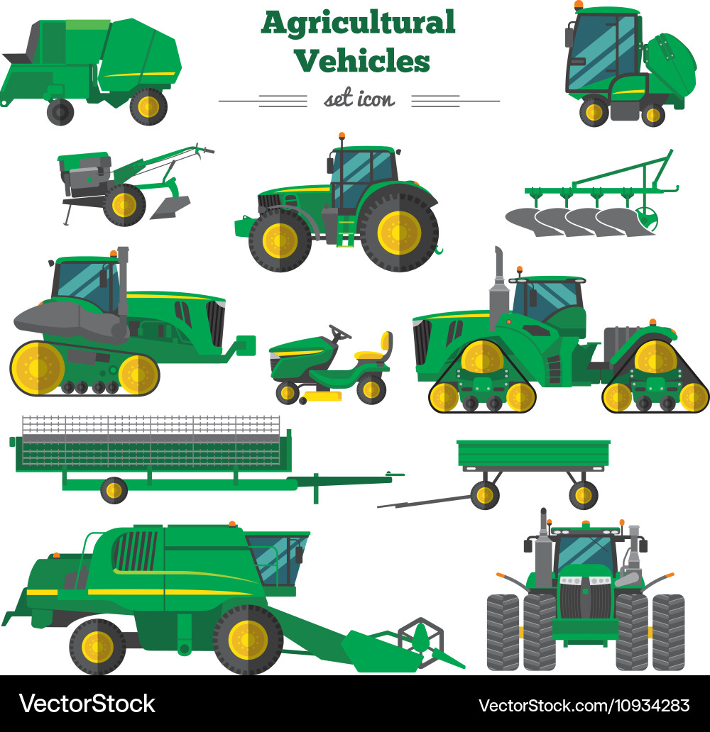 Agricultural vehicles flat icons set Royalty Free Vector