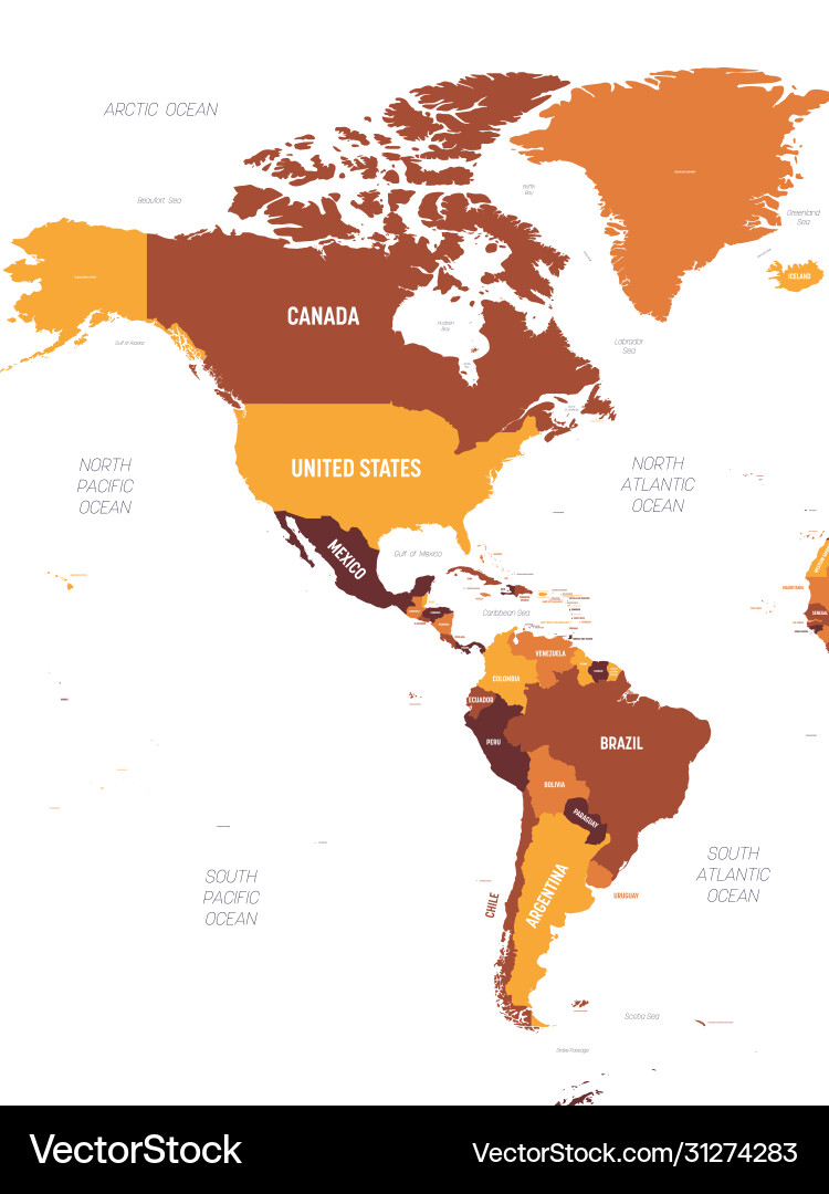 Americas map - brown orange hue colored on dark Vector Image