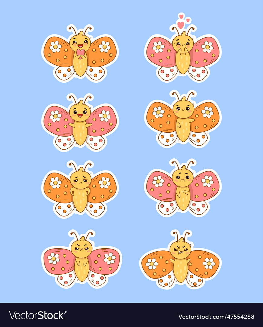 Stickers cute cartoon butterflies with emotions Vector Image