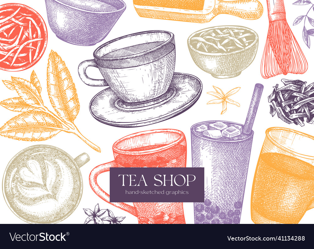 Tea shop or cafe design with hand-sketched Vector Image