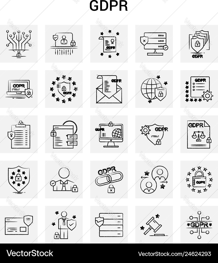 25 hand drawn gdpr icon set gray background doodle