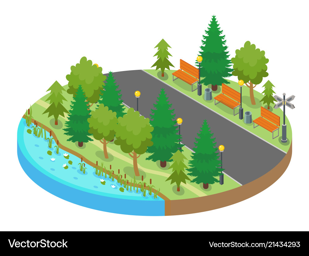Colorful isometric round map location with park Vector Image