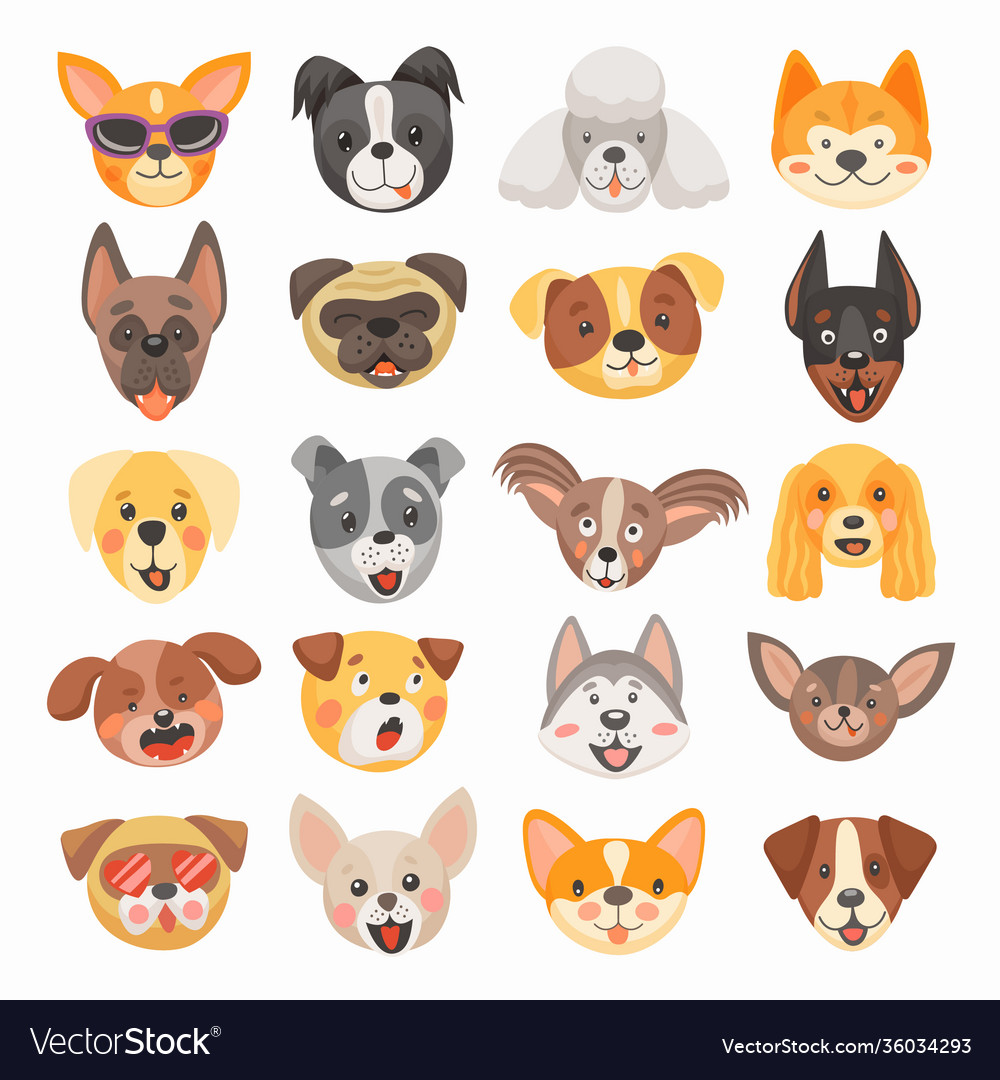Cute dog and puppy faces cartoon pet animals Vector Image