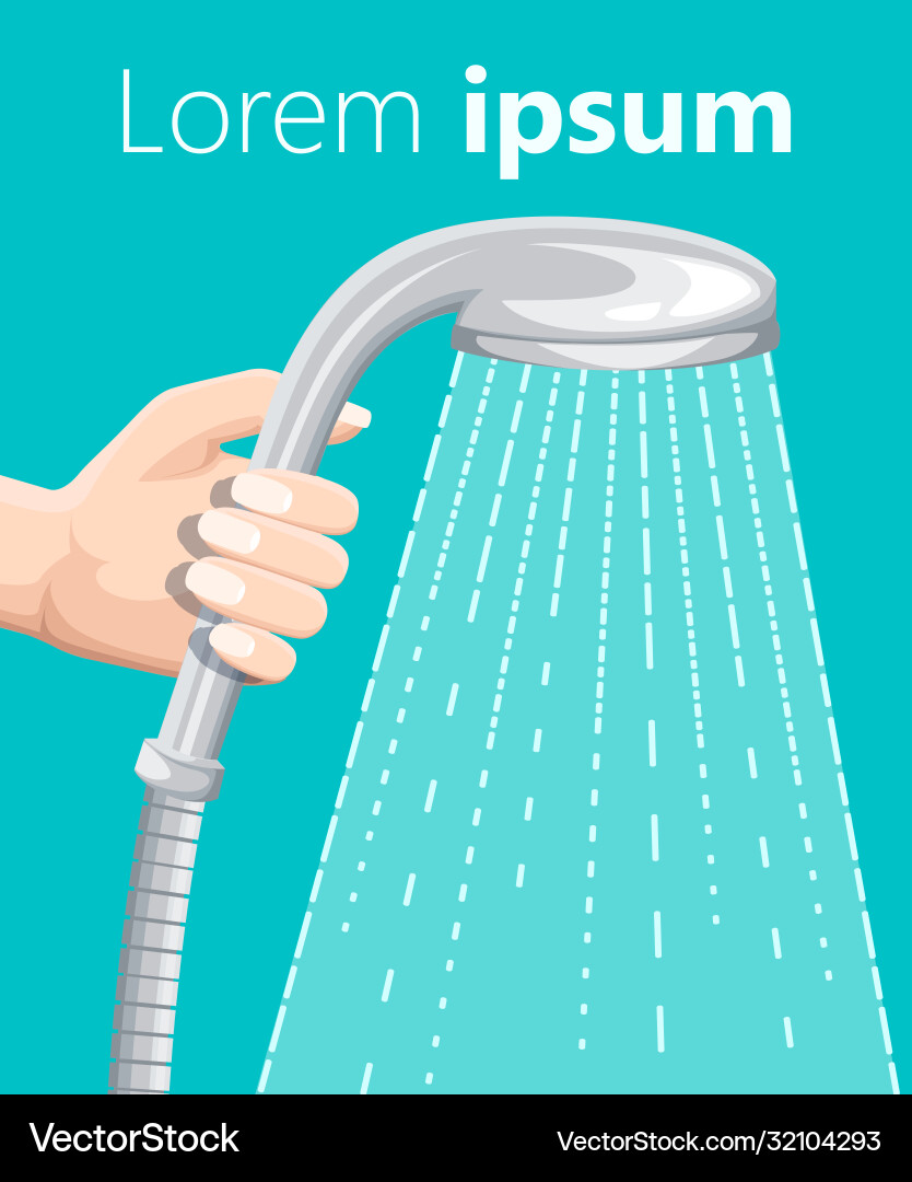 Hand holds shower head with water drops flowing Vector Image
