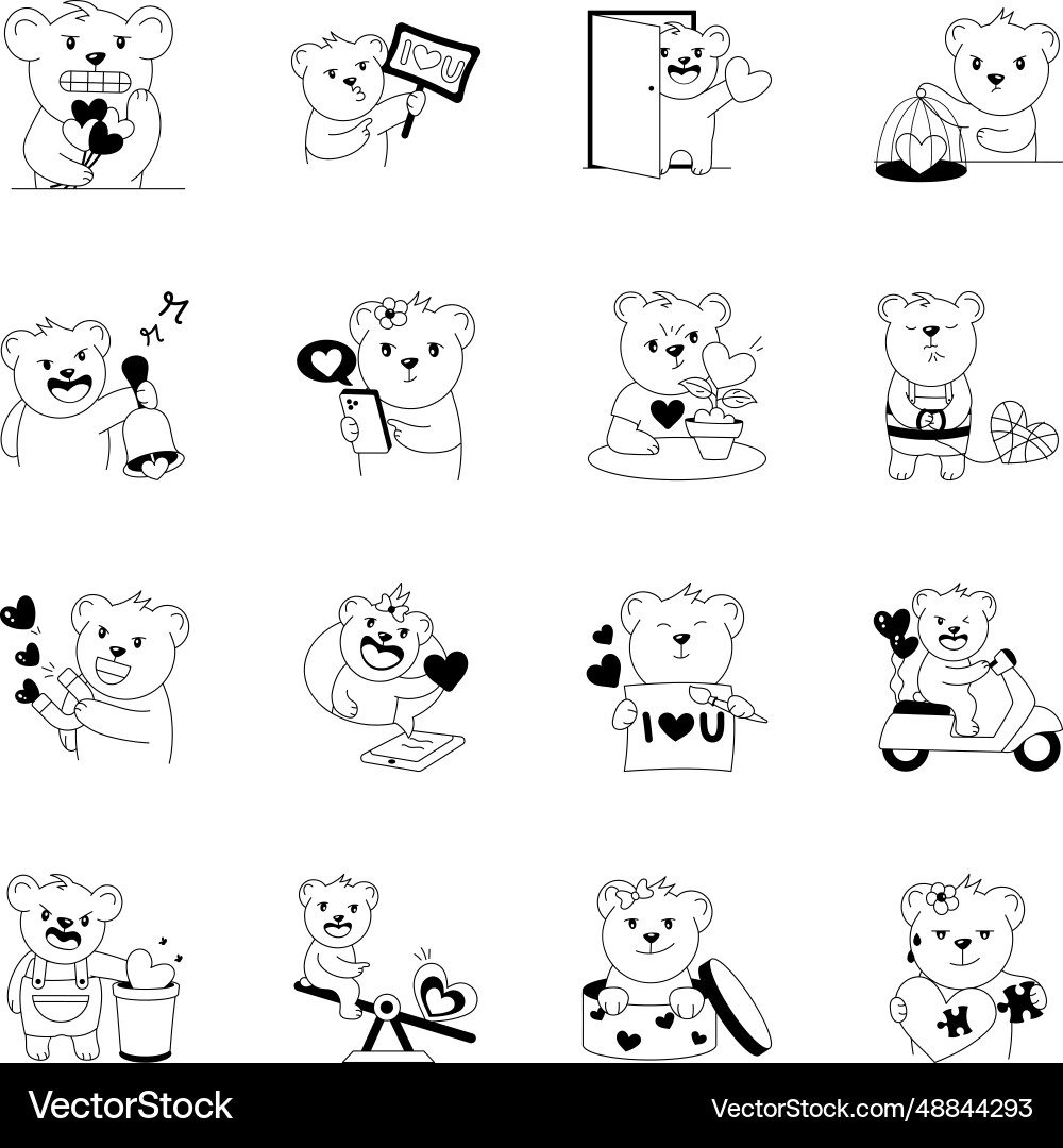 Love teddy sticker set in glyph style Royalty Free Vector