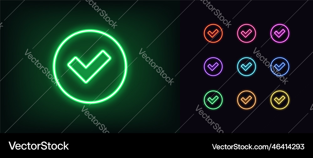 Outline neon check tick icon set glowing Vector Image