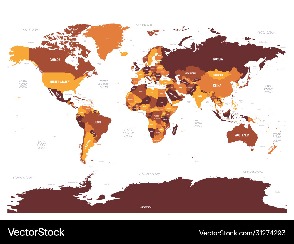 World map - brown orange hue colored on dark Vector Image