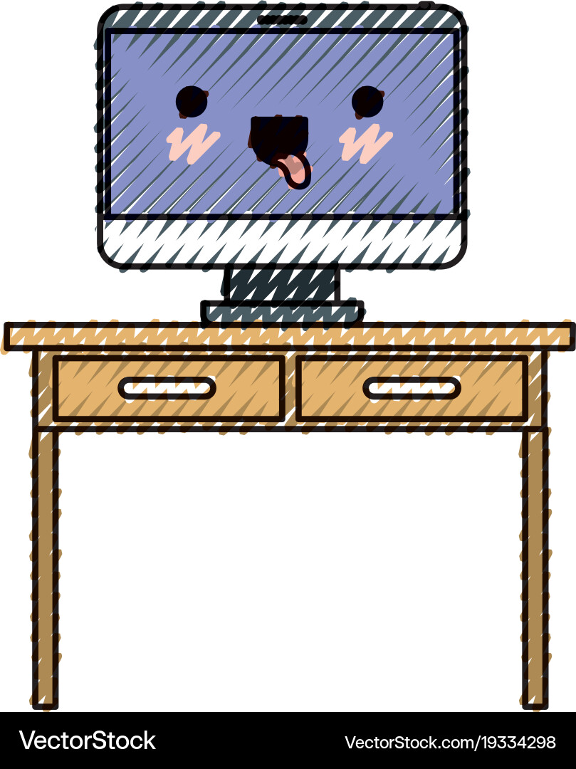 Desk table with drawers and kawaii desktop Vector Image