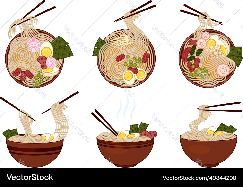 Ramen icons set cartoon samurai spicy Royalty Free Vector