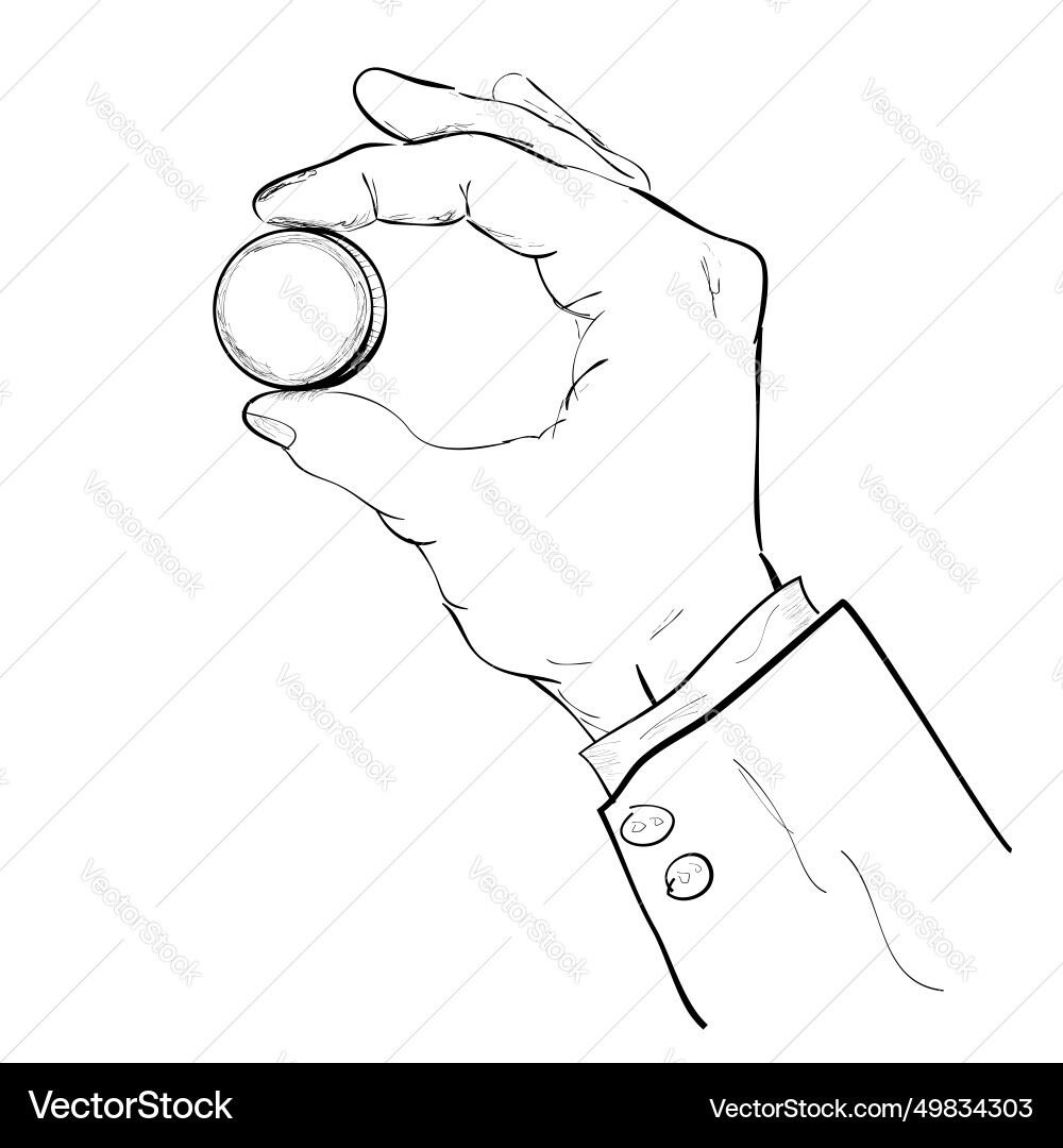 Hand hold blank coin simple draw sketch Royalty Free Vector