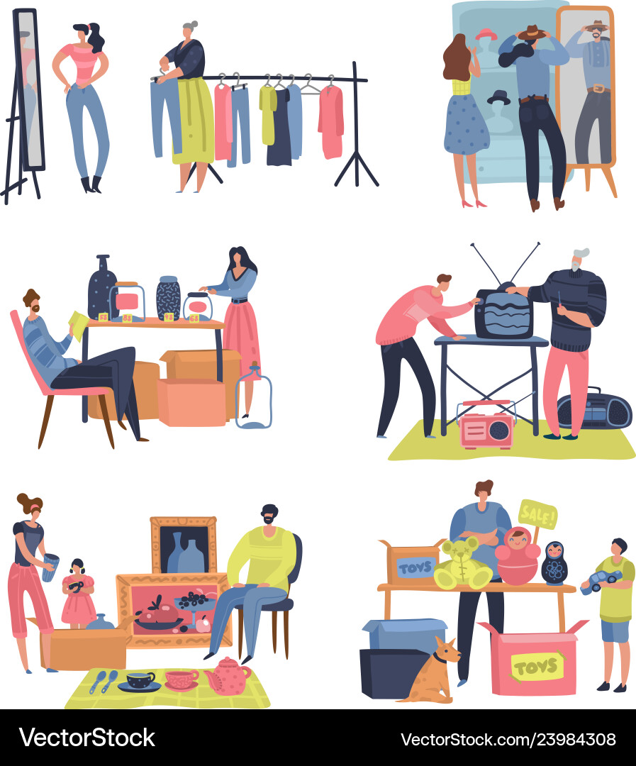 Flea market people shopping selling second hand Vector Image