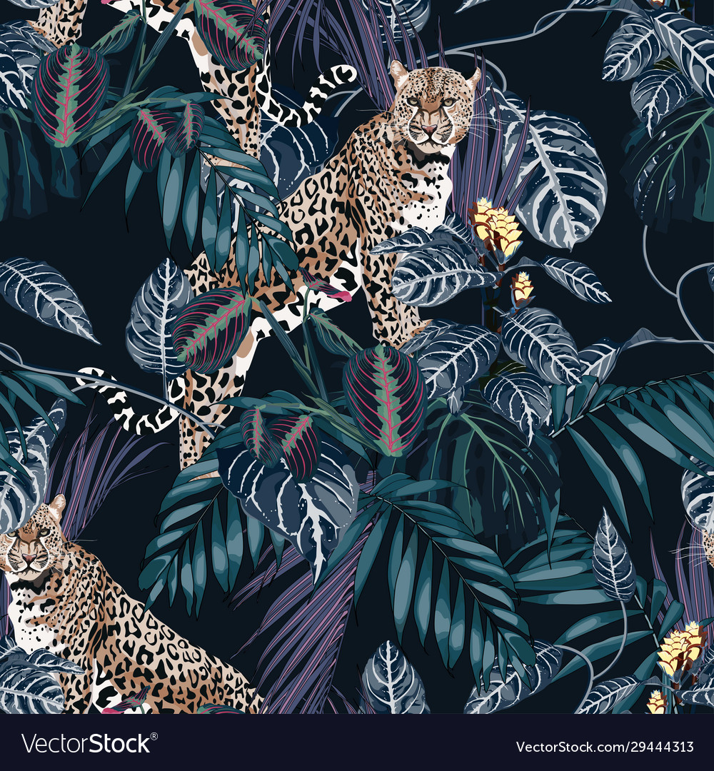 Graceful leopard and tropical leaves Royalty Free Vector