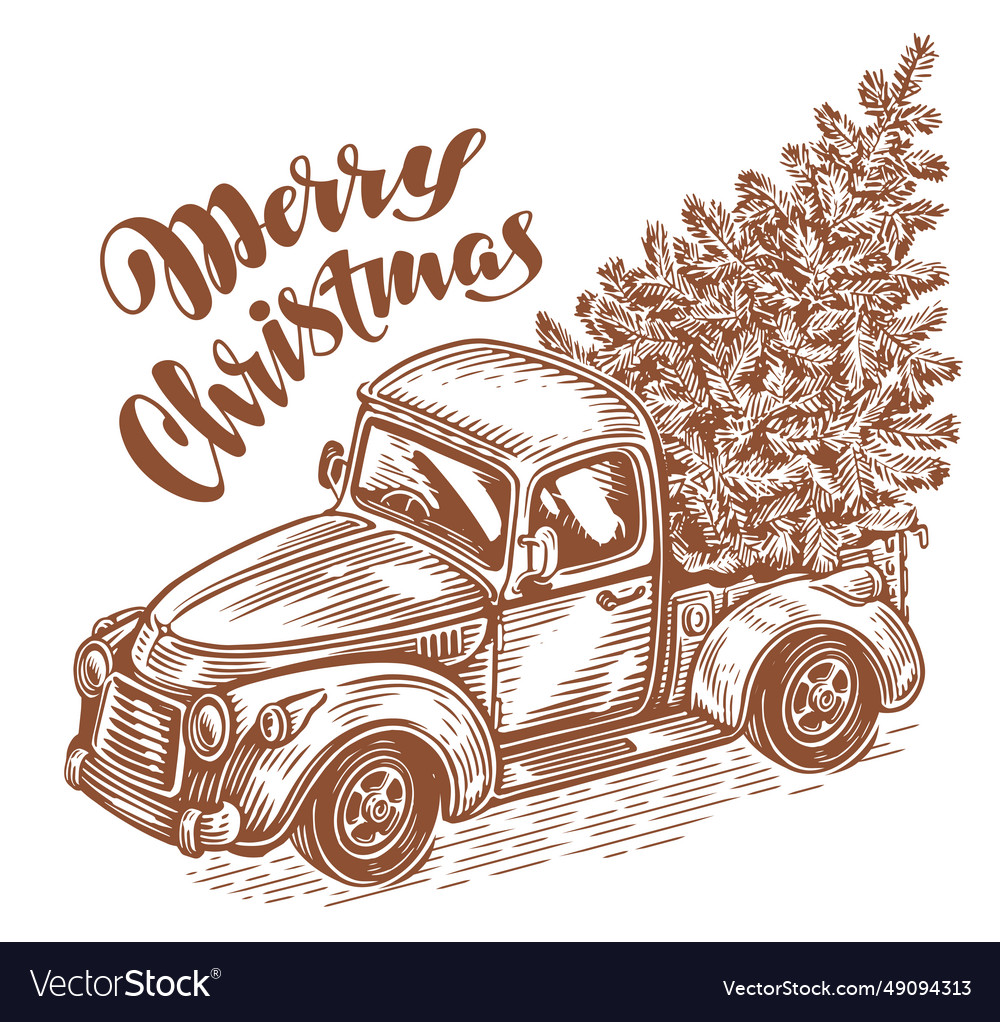 Hand drawn retro truck and christmas tree Vector Image