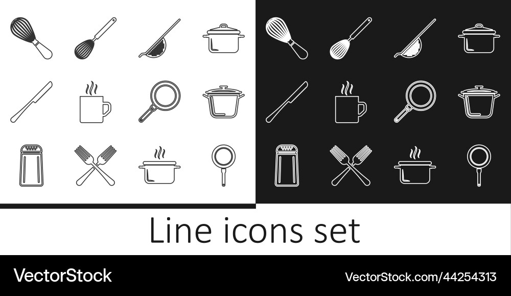 Set line frying pan cooking pot kitchen colander Vector Image