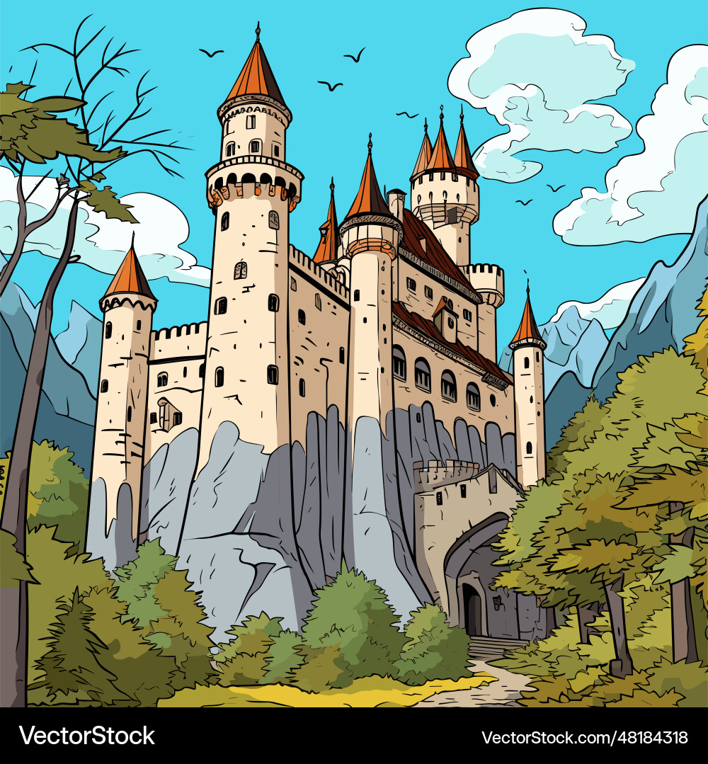 Neuschwanstein castle hand-drawn comic Royalty Free Vector