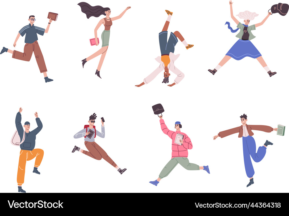 Students jumping poses jump diverse cartoon Vector Image
