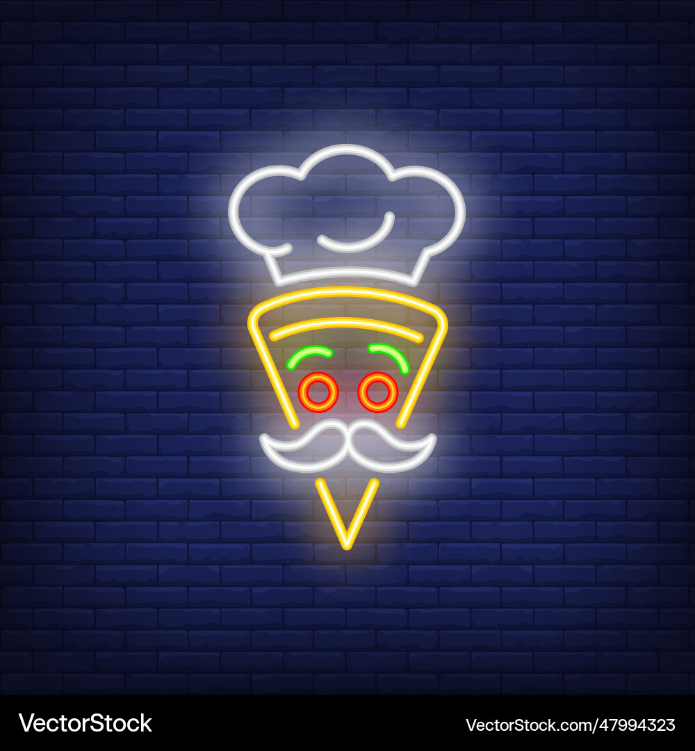 Pizza slice chef cook character neon sign Vector Image