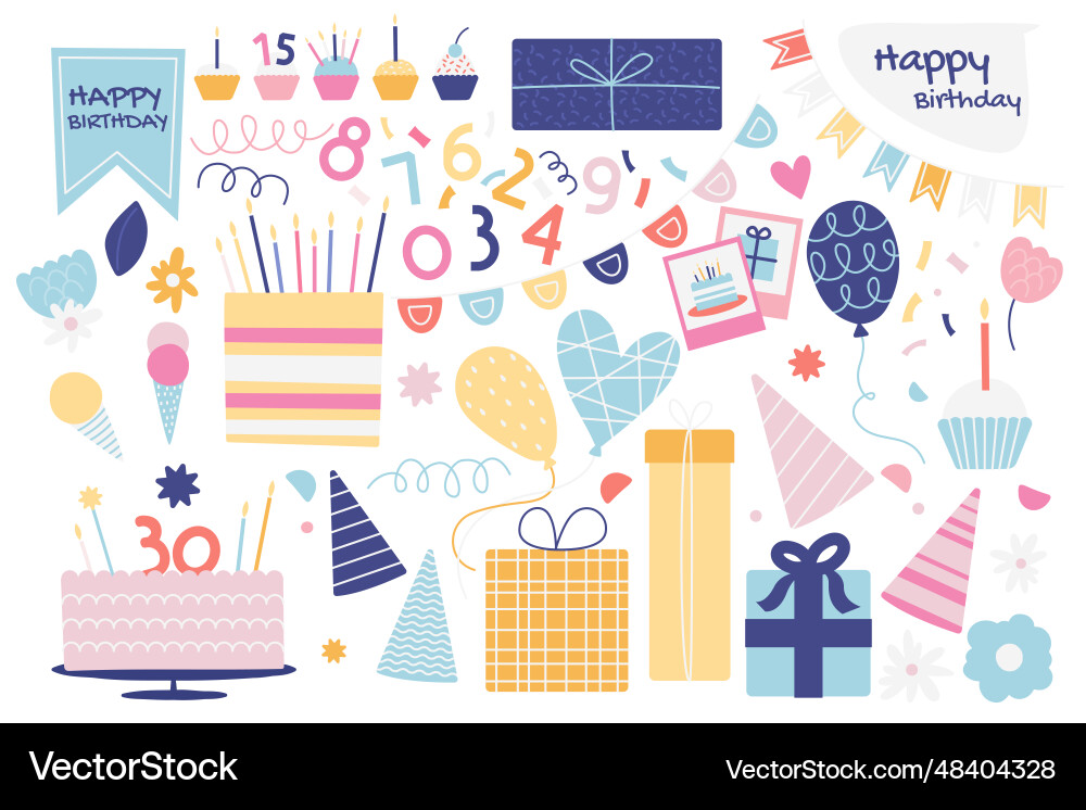 Birthday party set cartoon colorful elements Vector Image