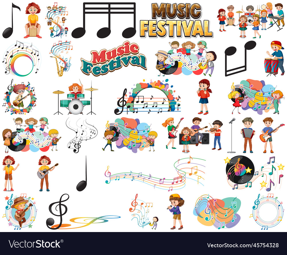 Kids musical instruments and music symbols set Vector Image