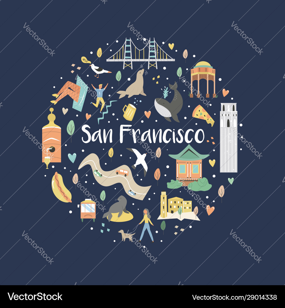 San francisco hand drawn flat with symbols Vector Image