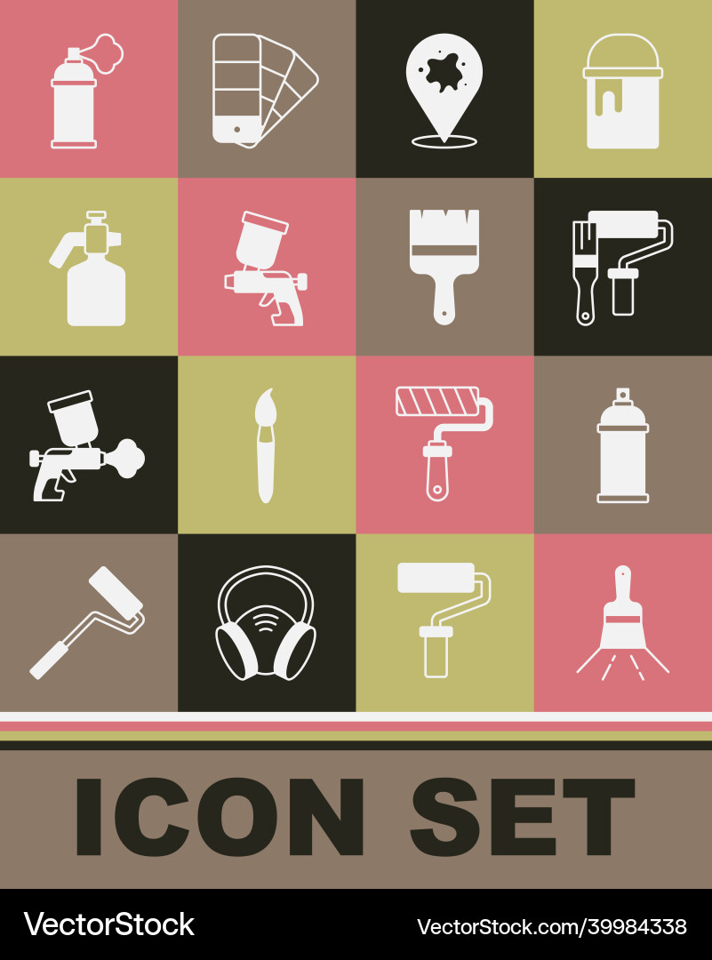 Set paint brush spray can roller gun and icon Vector Image