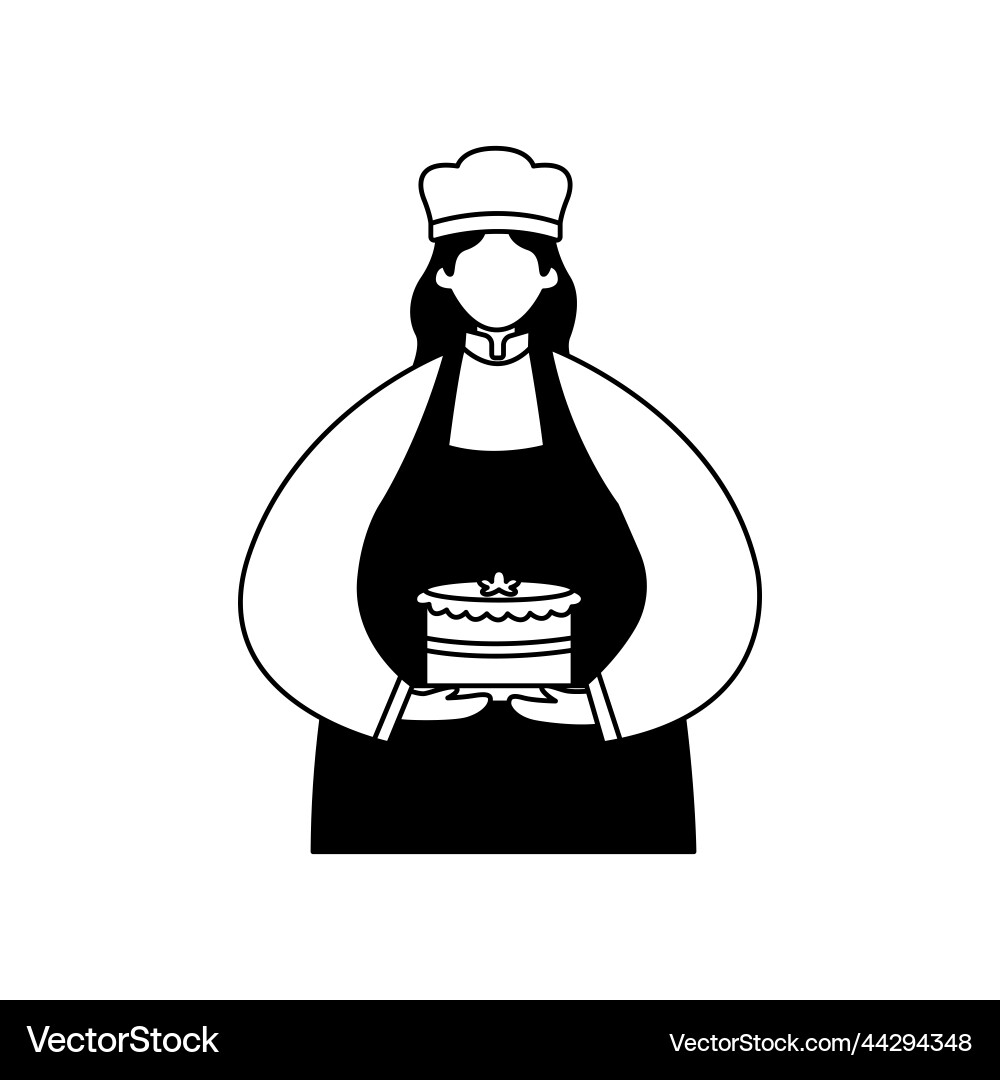 A pastry chef in uniform with cake her hands Vector Image