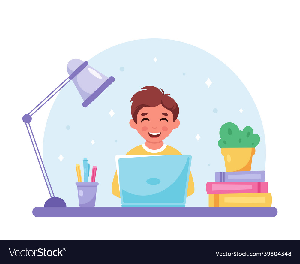 Boy studying with computer online learning back Vector Image