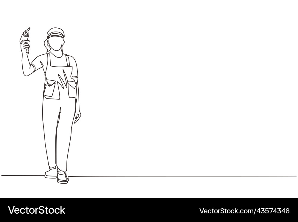 Single one line drawing woman worker holding Vector Image