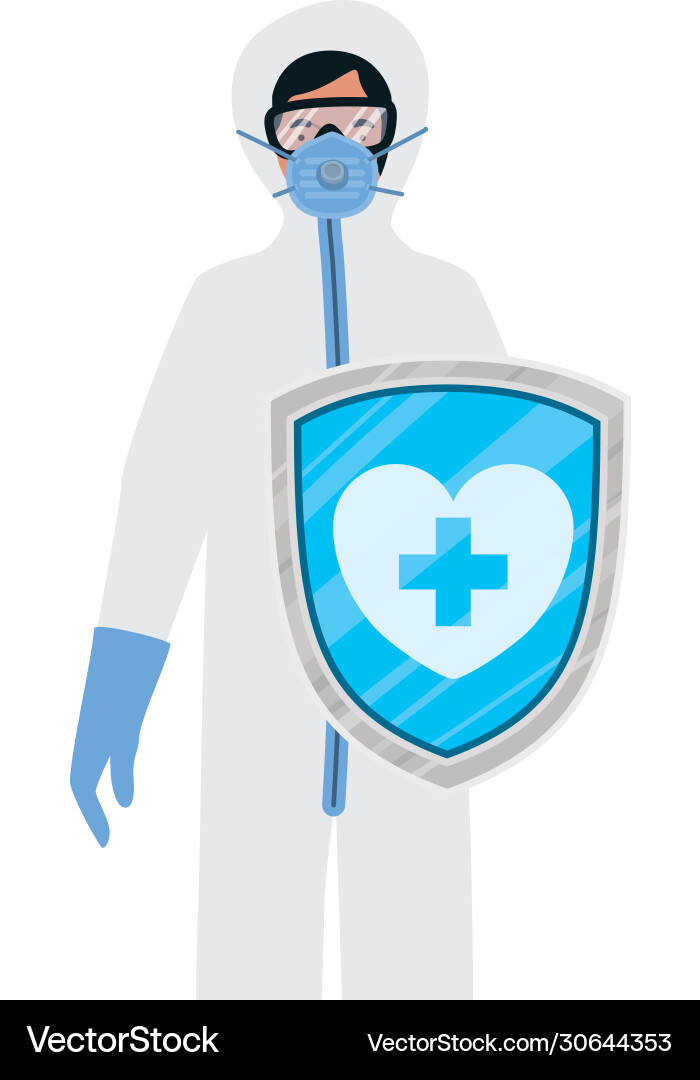 Doctor with protective suit and shield against Vector Image