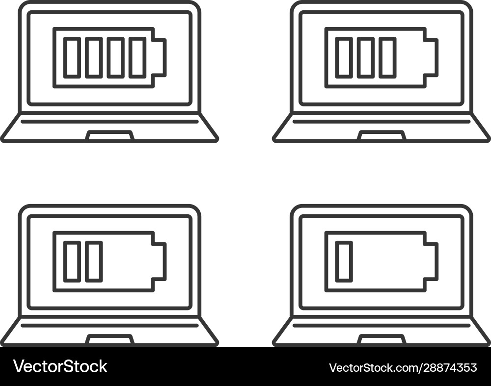 Laptop battery charging linear icons set Vector Image