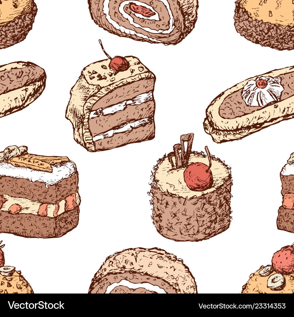 Pattern of of different drawn cakes Royalty Free Vector