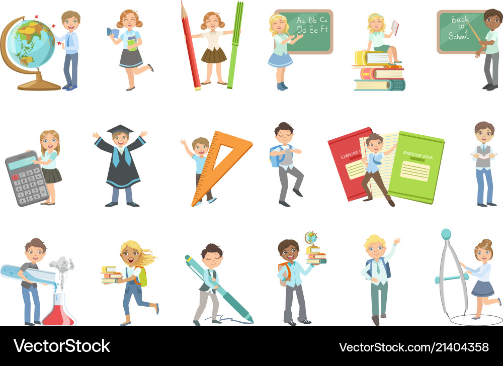 Kids with giant school attributes Royalty Free Vector Image