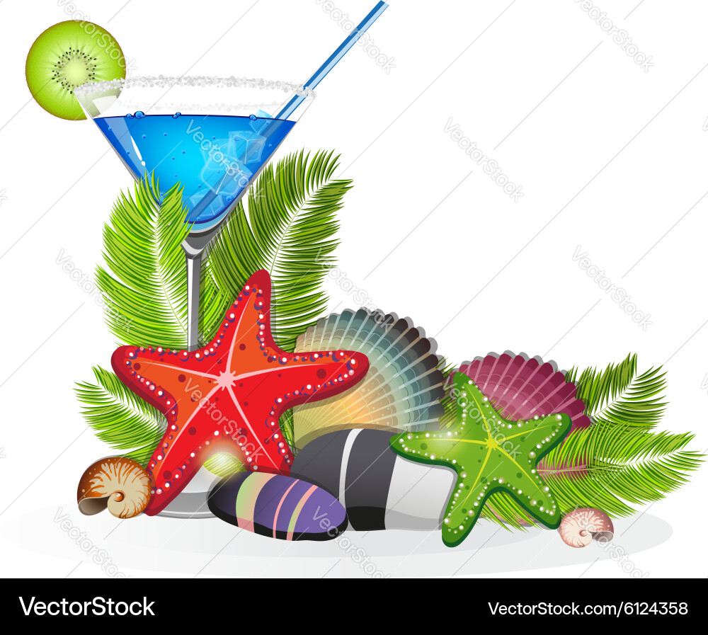 Tropical arrangement with blue cocktail Royalty Free Vector
