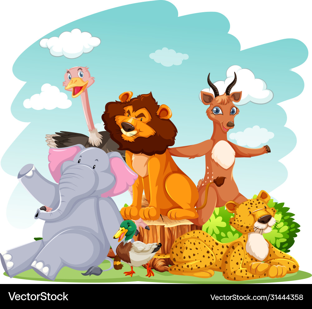 Zoo animals in wild nature background Royalty Free Vector