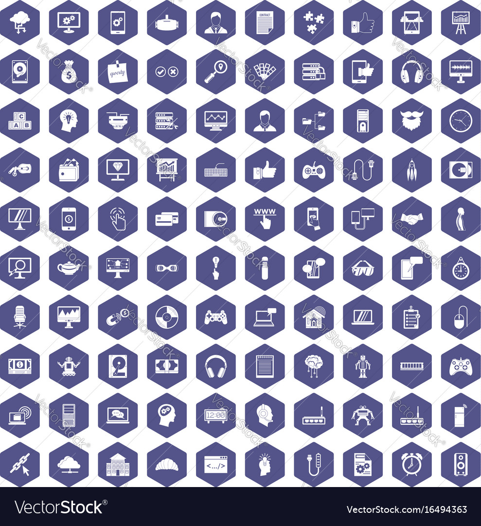 100 programmer icons hexagon purple Royalty Free Vector