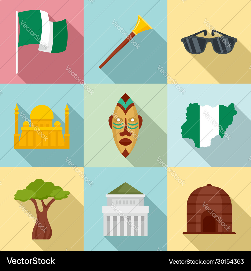 Nigeria icons set flat style Royalty Free Vector Image