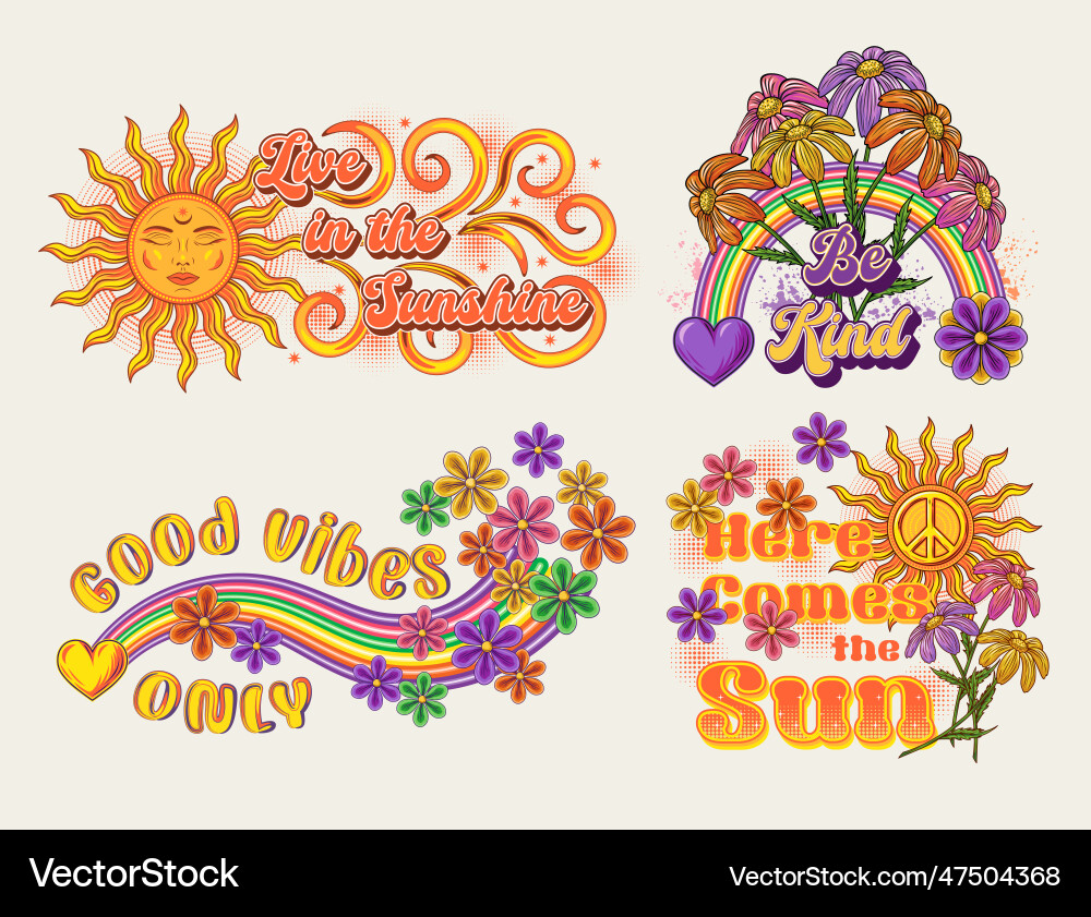 Summer groovy labels with sun chamomile hearts Vector Image