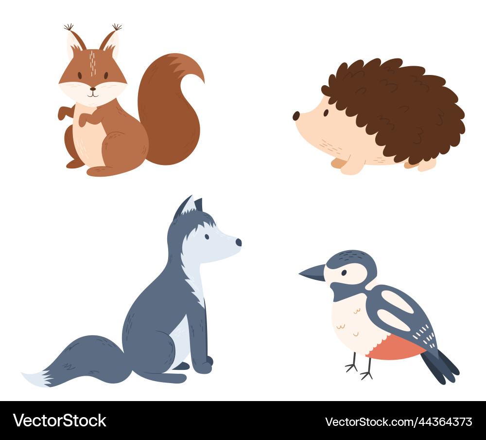 Set of forest animals squirrel hedgehog wolf and Vector Image