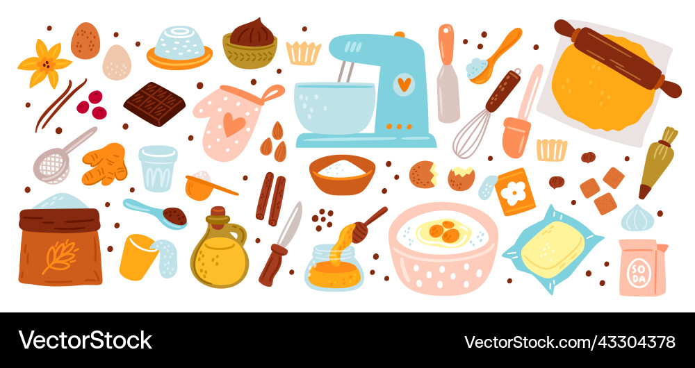 Baking ingredients cartoon kitchen utensils semi Vector Image
