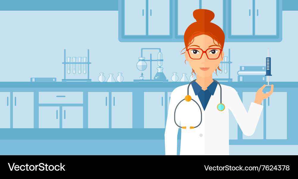 Doctor with syringe in laboratory Royalty Free Vector Image