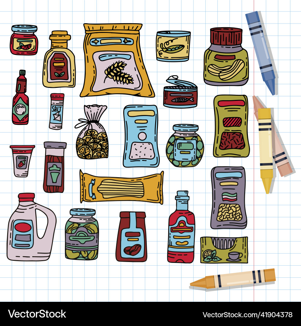Doodle grocery store products hand drawn Vector Image