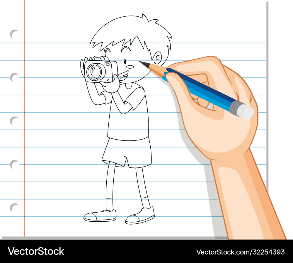 Hand drawing boy taking photo outline Royalty Free Vector