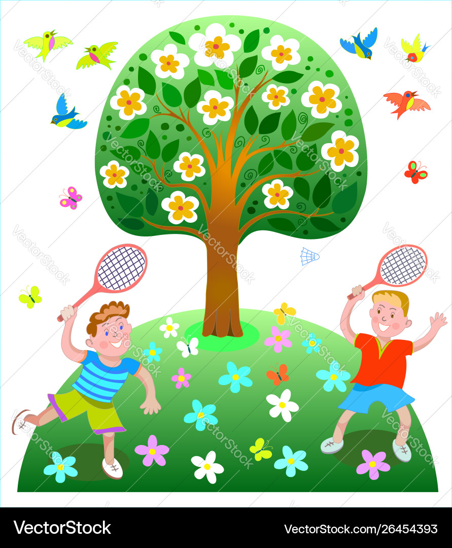 Happy kids playing badminton Royalty Free Vector Image