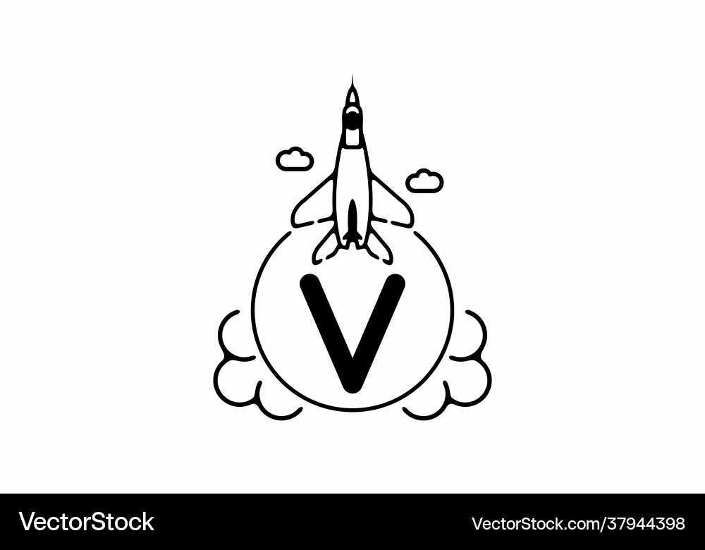 Black line art v initial letter with flying jet Vector Image