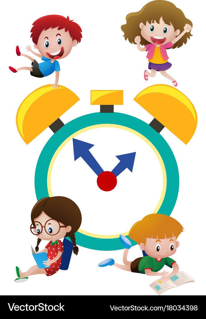 Happy children and alarm clock Royalty Free Vector Image