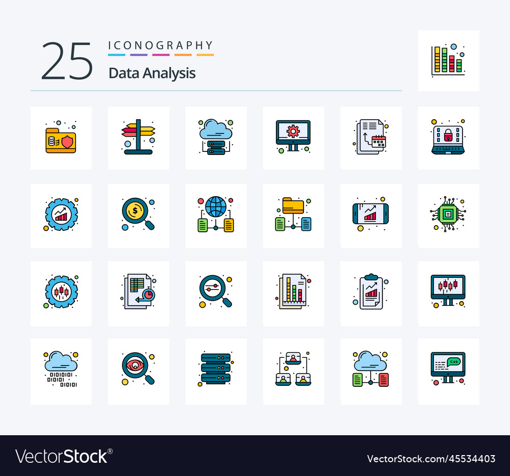 Data analysis 25 line filled icon pack including Vector Image