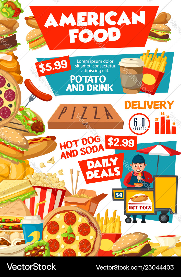 Fast food restaurant menu junk meal drinks Vector Image