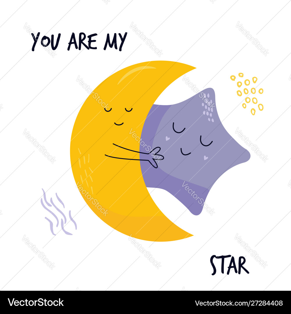 Hugging cute moon and star characters sweet image Vector Image