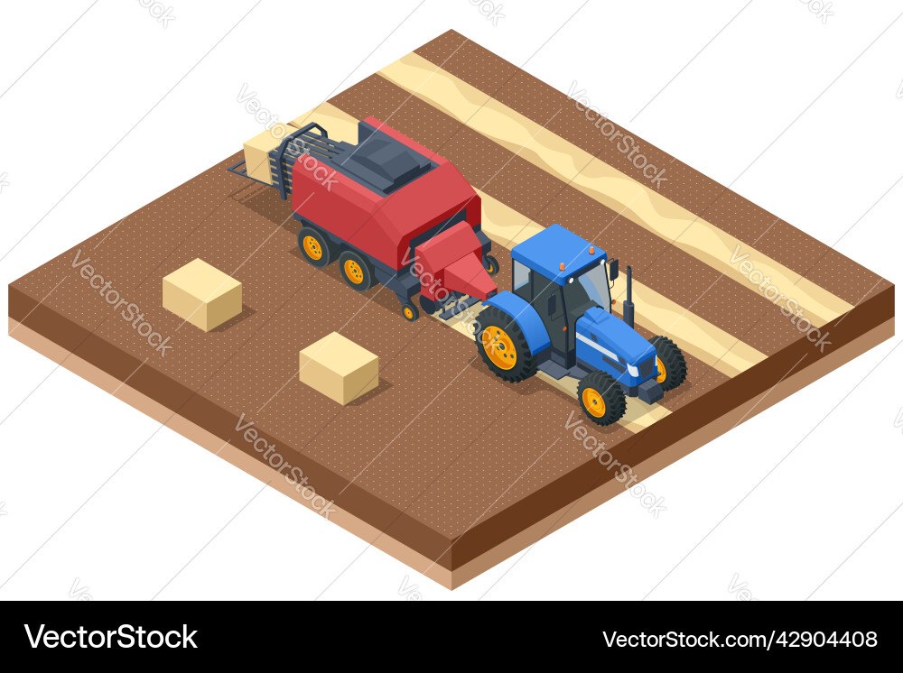 Isometric tractors mowing raking baling hay Vector Image